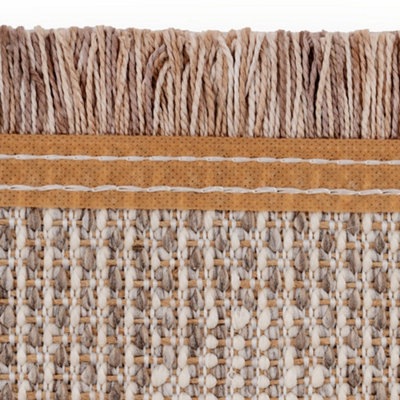 Neutral Beige Brown Scandi Fringed Living Area Rug 200cm x 290cm