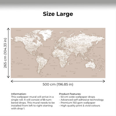 Neutral Beige World Map Wallpaper Mural - Peel & Stick Wallpaper - Size ...