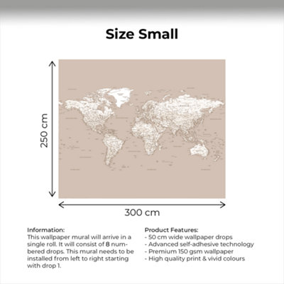 Neutral Beige World Map Wallpaper Mural - Peel & Stick Wallpaper - Size ...