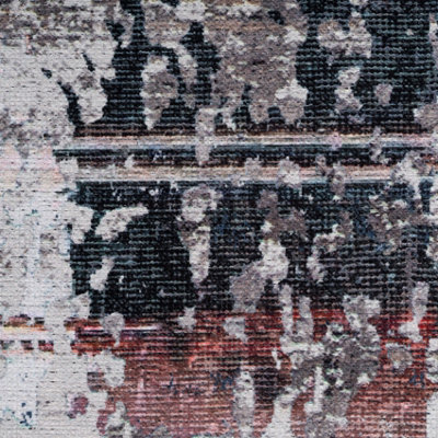 Neutral Multicolour Distressed Abstract Anti Slip Washable Runner Rug ...