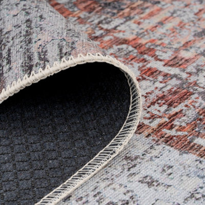 Neutral Multicolour Distressed Abstract Anti Slip Washable Runner Rug ...