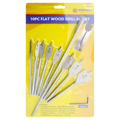 New 10pc Flat Wood Spade Hole Cut Saw Drill Bit Set 6-32mm Extension ...