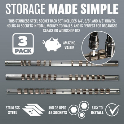 New 3pc Socket Rail Set Tools Wall Mounting Storing Organise Holds 15 ...