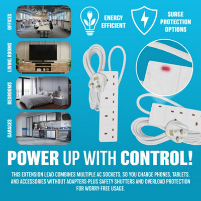 New 4 Way Gang 5m Extension Lead Mains Uk Cable 13 Amp Socket Power
