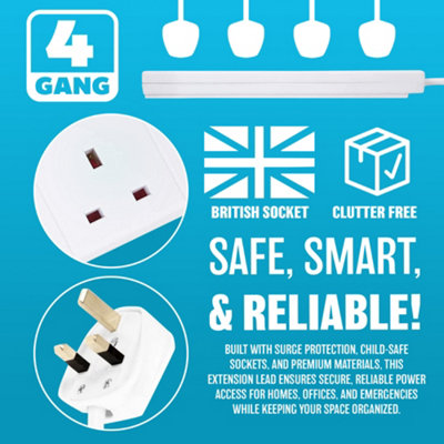New 4 Way Gang 5m Extension Lead Mains Uk Cable 13 Amp Socket Power
