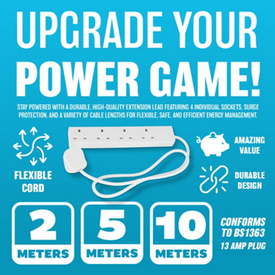 New 4 Way Gang 5m Extension Lead Mains Uk Cable 13 Amp Socket Power