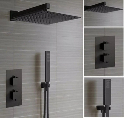New Black 2 Dial 2 Way Concealed Twin Head Thermostatic Kit Shower ...