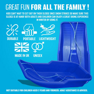 New Blue Kids Heavy Duty Snow Sledge Toboggan Sleigh Sled Rope Plastic ...