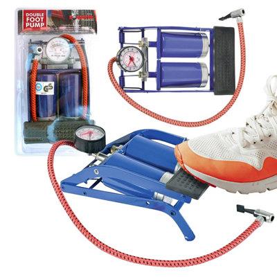 New Double Barrel Foot Pump Air Inflator Car Van Bike Pressure Gauge ...