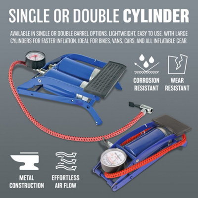 New Double Barrel Foot Pump Air Inflator Car Van Bike Pressure Gauge ...