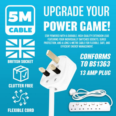 New Extension Lead Cord Uk Cable Electric Mains Power Gang 4 Way ...