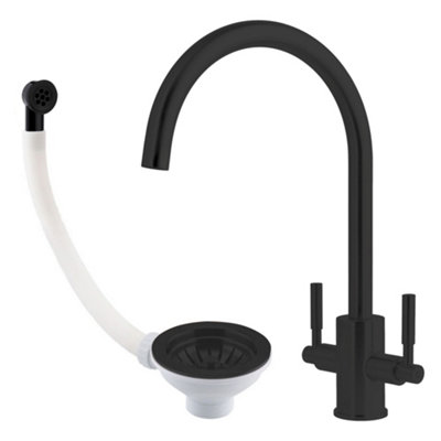 Newbury Brass Matt Black Dual Lever Kitchen Sink Mixer Tap & Round ...