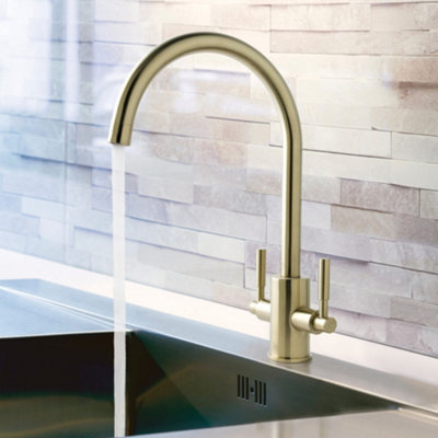 Newbury Brushed Brass Dual Lever Kitchen Sink Mixer & Square Overflow ...