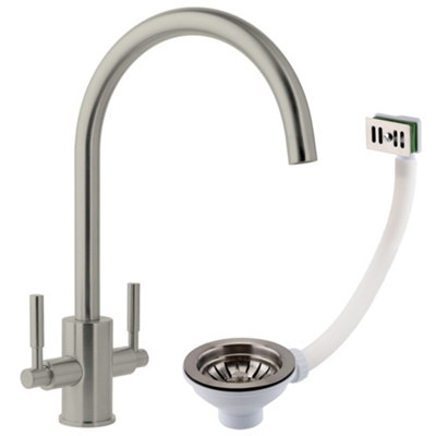 Newbury Stainless Steel Dual Lever Kitchen Sink Mixer & Basket Strainer ...