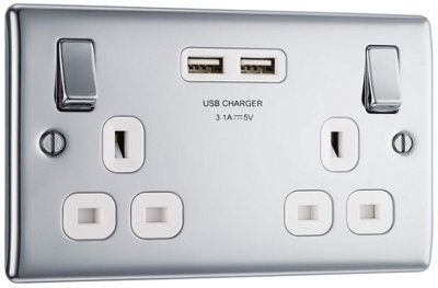 NEXUS METAL POLISHED CHROME DOUBLE SWITCHED 13A POWER SOCKET WITH USB ...