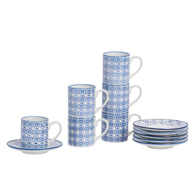 Nicola Spring 12 Piece Hand-Printed Espresso Cup & Saucer Set - 65ml - Navy