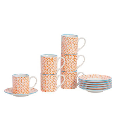 Nicola Spring 12 Piece Hand-Printed Espresso Cup & Saucer Set - 65ml ...