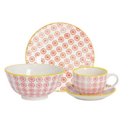 Nicola Spring 24 Piece Hand-Printed Dinner Set - Patterned Porcelain ...