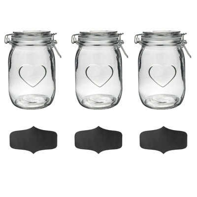 Nicola Spring 3x Glass Storage Jars & Labels Set - 1 Litre Airtight ...