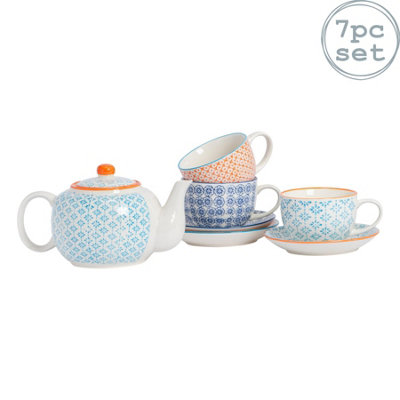 Nicola Spring 7 Piece Hand-Printed Teapot Cups & Saucers Set