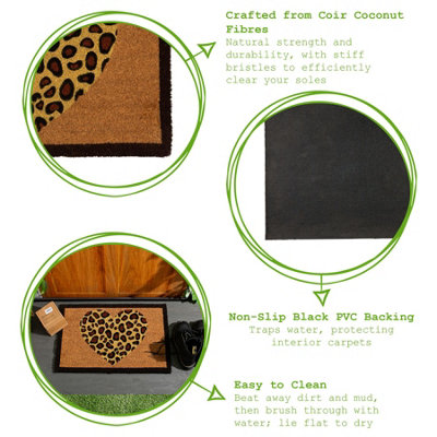 Nicola Spring Coir Door Mat - 60 x 40cm - Leopard Heart