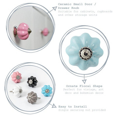 Nicola Spring Floral Ceramic Cabinet Knobs - Grey - Pack of 6