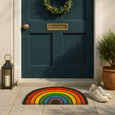 Nicola Spring Half Moon Coir Door Mat - Rainbow - Natural Coir Non-Slip ...