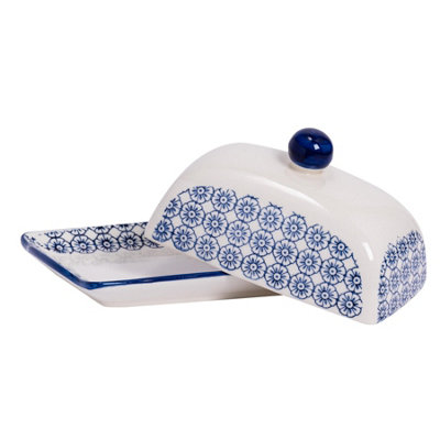 Nicola Spring Hand-Printed Butter Dish - 18.5 x 12cm - Navy