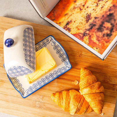 Nicola Spring Hand-Printed Butter Dish - 18.5 x 12cm - Navy