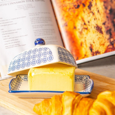 Nicola Spring Hand-Printed Butter Dish - 18.5 x 12cm - Navy