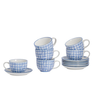 Nicola Spring - Hand-Printed Cappuccino Cup & Saucer Set - 250ml - 12pc