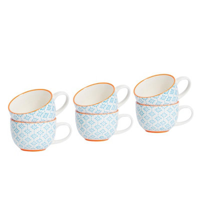Nicola Spring Hand-Printed Cappuccino Cups - 250ml - Blue - Pack of 6
