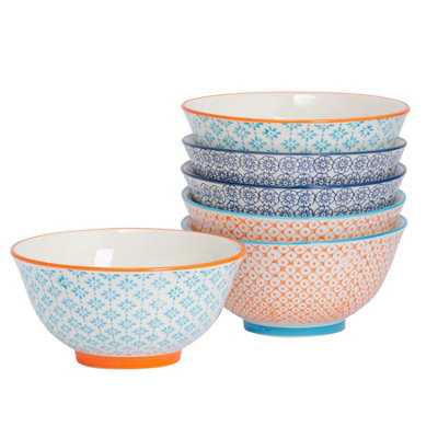 Nicola Spring Hand-Printed Cereal Bowls - 16cm - 3 Colours - Pack of 6
