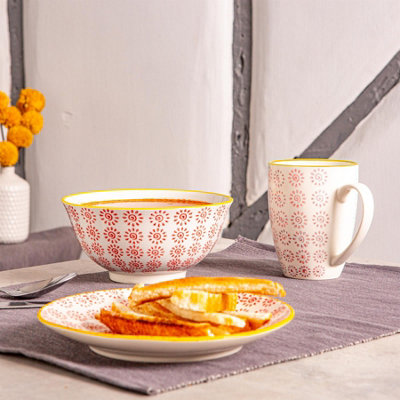 Nicola Spring Hand-Printed Cereal Bowls - 16cm - Red - Pack of 6