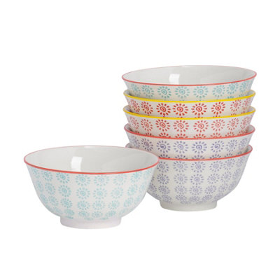 Nicola Spring Hand-Printed Cereal Bowls - 16cm - Turquoise - Pack of 6