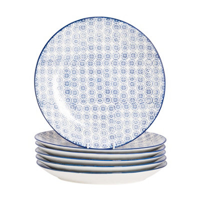 Nicola Spring Hand-Printed Dinner Plates - 25.5cm - Navy - Pack of 6