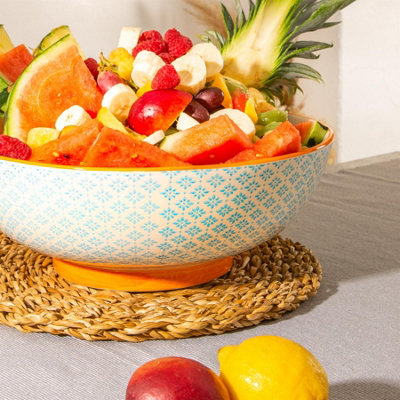 Nicola Spring Hand-Printed Fruit Bowl - 31.5cm - Blue