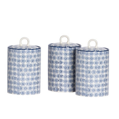 Nicola Spring Hand-Printed Kitchen Canisters - 1 Litre - Navy - Pack of 3