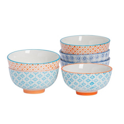Nicola Spring Hand-Printed Rice Bowls - 12cm - 3 Colours - Pack of 6
