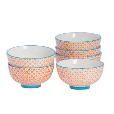Nicola Spring - Hand-Printed Rice Bowls - 12cm - Orange - Pack of 6 ...
