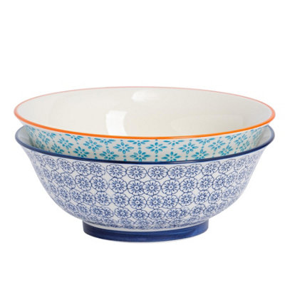 Nicola Spring - Hand-Printed Serving Bowls - 21.5cm - Blue/Navy - Pack ...