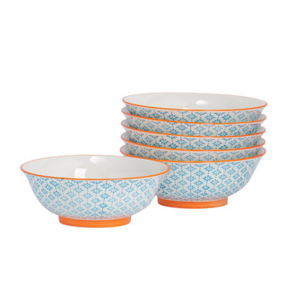 Nicola Spring - Hand-Printed Serving Bowls - 21.5cm - Blue - Pack of 6 ...