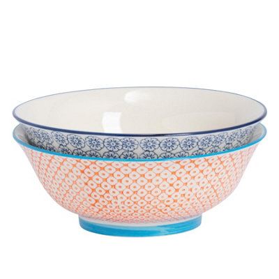 Nicola Spring - Hand-Printed Serving Bowls - 21.5cm - Orange/Navy ...