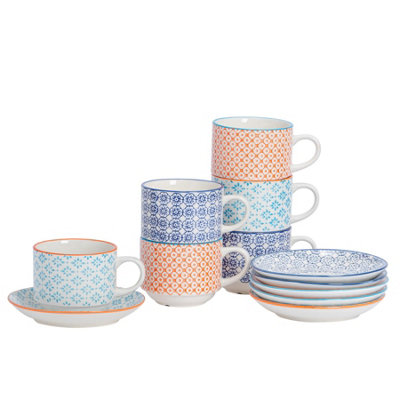 Nicola Spring - Hand-Printed Stacking Teacups & Saucers Set - 260ml - 3 ...