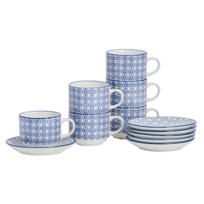 Nicola Spring - Hand-Printed Stacking Teacups & Saucers Set - 260ml ...