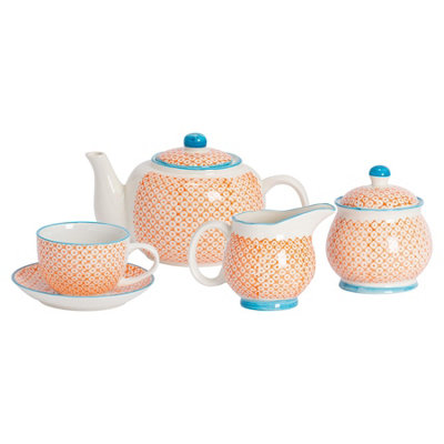 Nicola Spring - Hand-Printed Tea Set - Orange - 15pc | DIY at B&Q