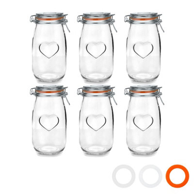 Nicola Spring Heart Glass Storage Jars - 1.5 Litre - Orange Seal - Pack ...