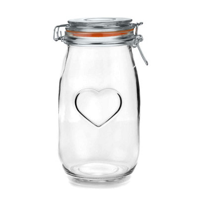 Nicola Spring Heart Glass Storage Jars - 1.5 Litre - Orange Seal - Pack ...