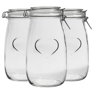 Nicola Spring Heart Glass Storage Jars - 1.5 Litre - White Seal - Pack of 3