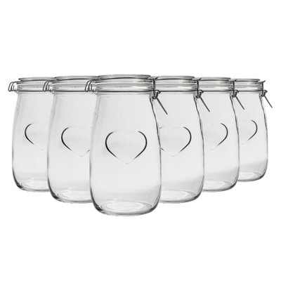 Nicola Spring Heart Glass Storage Jars - 1.5 Litre - White Seal - Pack of 6
